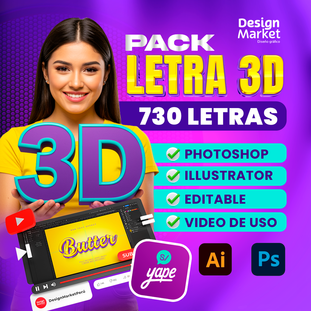 PACK DE 730 LETRAS 3D - PSD ILLUSTRATOR 8264437006634 – Design Market Perú